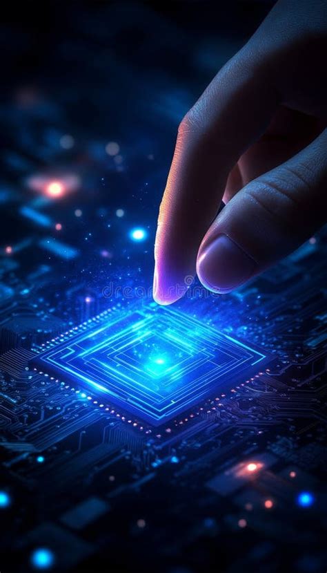 Finger Activating Glowing Microchip On Futuristic Circuit Board Advanced Technology Concept