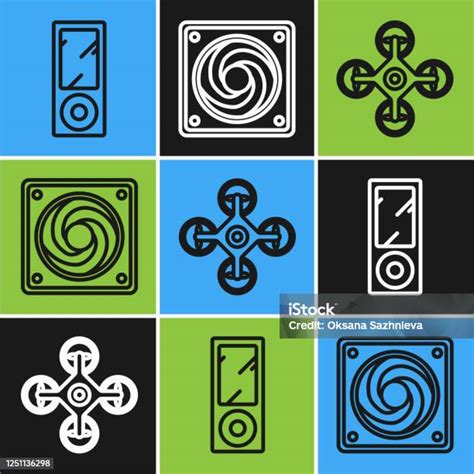 ตั้งค่าเครื่องเล่นเพลงสายไอคอนเสียงพึมพําและเครื่องทําความเย็นคอมพิวเตอร์ เวกเตอร์ ภาพประกอบ