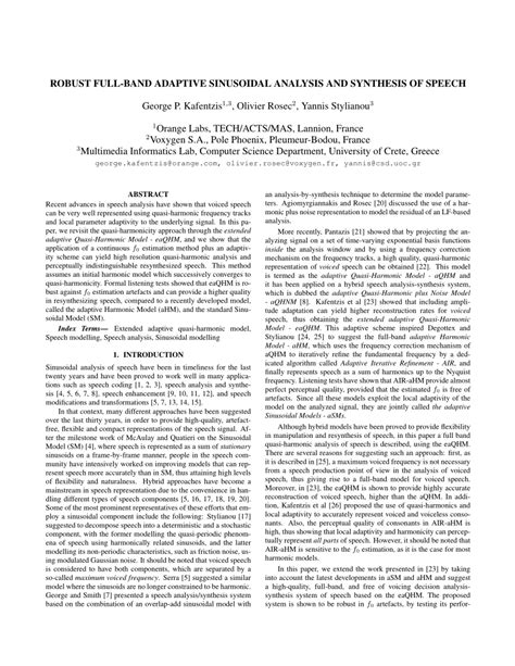 Pdf Robust Full Band Adaptive Sinusoidal Analysis Of Speech