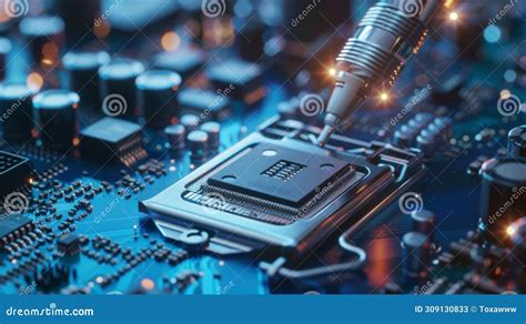 Close Up Of Robotic Arm Assembling Microchip On Circuit Board Stock