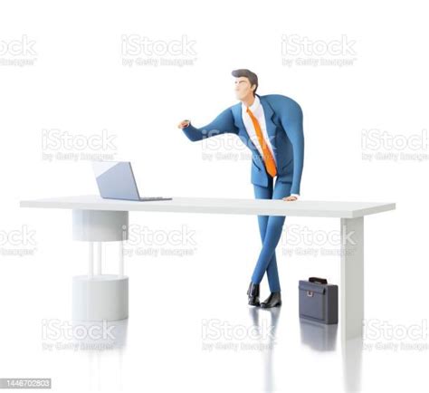 성공적인 사업가는 책상 옆에서 노트북으로 작업합니다 3d 렌더링 그림 개념에 대한 스톡 사진 및 기타 이미지 개념 개념