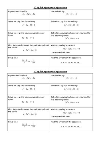 10 Quick Quadratic Questions Teaching Resources