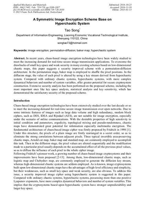 A Symmetric Image Encryption Scheme Base On Hyperchaotic System Scientificnet