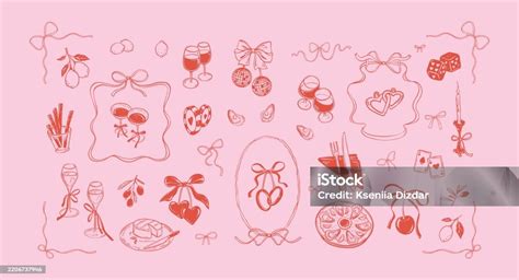 손으로 그린 낙서 요염 활 리본 기발한 프레임 체리 디스코 볼 로켓 촛대 결혼식 생일 처녀 파티 초대장을 위한 미적 미니멀리스트 디자인 요소 결혼식에 대한 스톡 벡터 아트