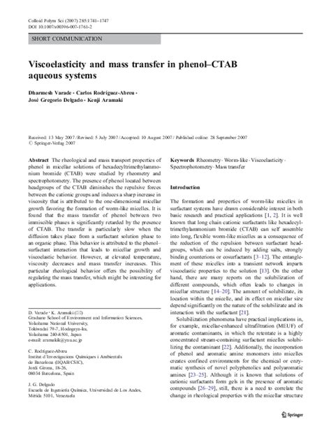 Pdf Viscoelasticity And Mass Transfer In Phenolctab Aqueous Systems