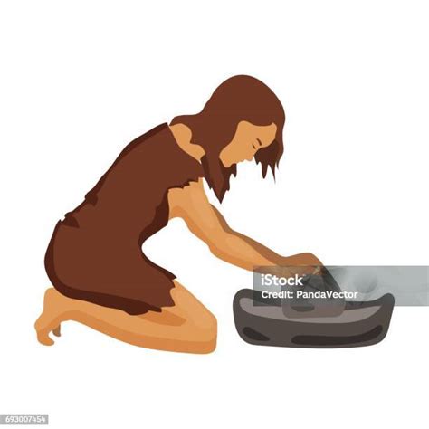 흰색 배경에 고립 된 만화 스타일에 맷 돌 아이콘 Cavewoman 석기 시대 기호 스톡 벡터 일러스트입니다 동굴에 대한 스톡