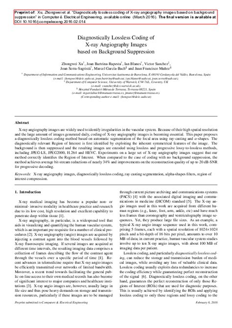 Pdf Diagnostically Lossless Coding Of X Ray Angiography Images Based