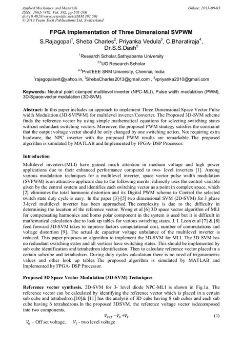 Fpga Implementation Of Three Dimensional Svpwm Scientificnet