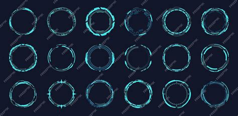 Hud 라운드 프레임 추상 공간 테크노 제어 홀로그램 Ui 요소 디지털 시스템 공상 과학 컴퓨터 인터페이스 군사 게임 화려한 벡터 일러스트 레이 션의 미래 원형 포털