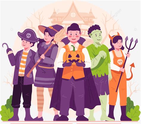 해피 할로윈 귀여운 아이들이 성 배경으로 축하하는 다양한 의상을 입고 있습니다 벡터 할로윈 파티 삽화 Png 일러스트 및