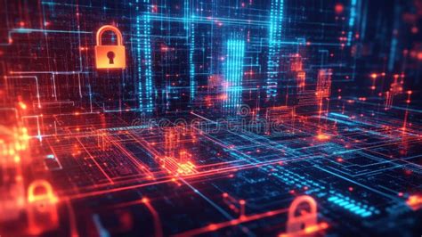 Abstract Digital Network With Glowing Red And Blue Lines And A Lock Icon Stock Illustration