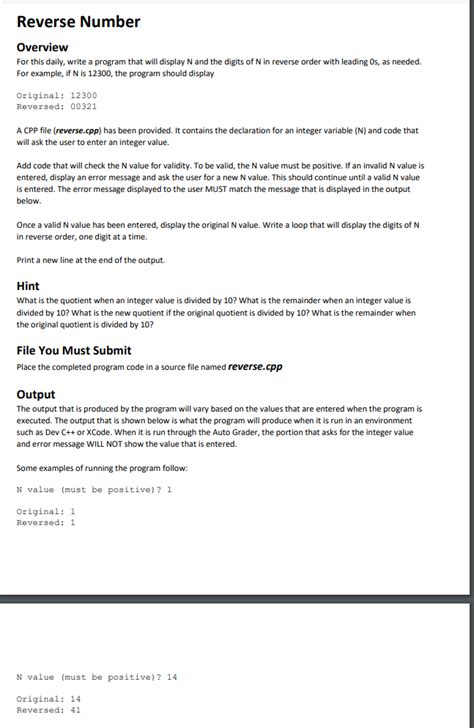 Solved Reverse Number Overview For This Daily Write A