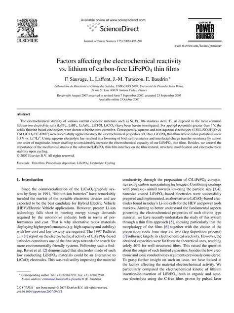 Pdf Factors Affecting The Electrochemical Reactivity Vs Lithium Of Carbon Free Lifepo4 Thin