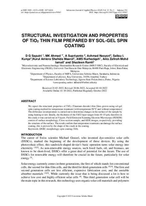 Pdf Structural Investigation And Properties Of Tio2 Thin Film Prepared By Sol Gel Spin Coating