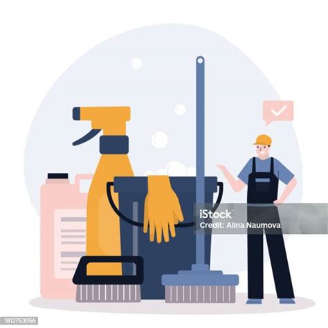 걸레와 양동이를 가진 쾌활한 청소부 남성 청소부 만화 캐릭터 유니폼을 입은 직원 청소 서비스의 노동자 남자 청소 도구 및 세제 창문닦이에 대한 스톡 벡터 아트 및 기타