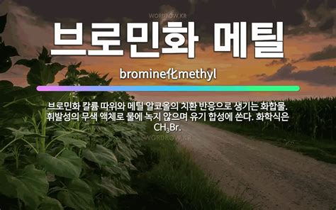 🌟브로민화 메틸 브로민화 칼륨 따위와 메틸 알코올의 치환 반응으로 생기는 화합물 휘발성의 무색 액체로 표준국어대사전