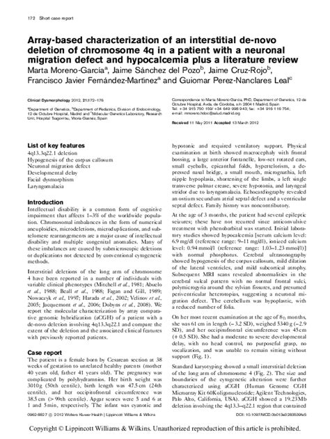 Pdf Array Based Characterization Of An Interstitial De Novo Deletion Of Chromosome 4q In A
