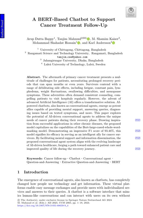 pdf a bert based chatbot to support cancer treatment follow up