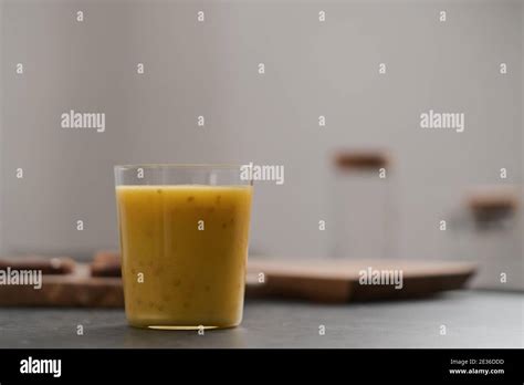 Fresh Mango Lulo Smoothie On Kitchen Countertop Shallow Focus Stock