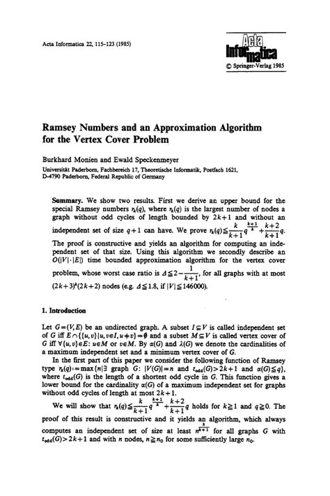 Pdf Ramsey Numbers And An Approximation Algorithm For The Vertex