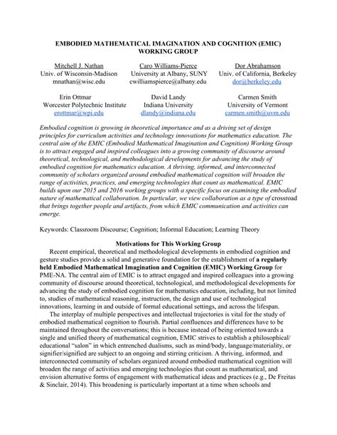 Pdf Pmena 2017 Embodied Mathematical Imagination And Cognition Emic