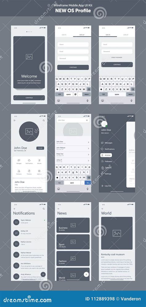 Wireframe Kit For Mobile Phone Mobile App UI UX Design New OS Profile Stock Vector