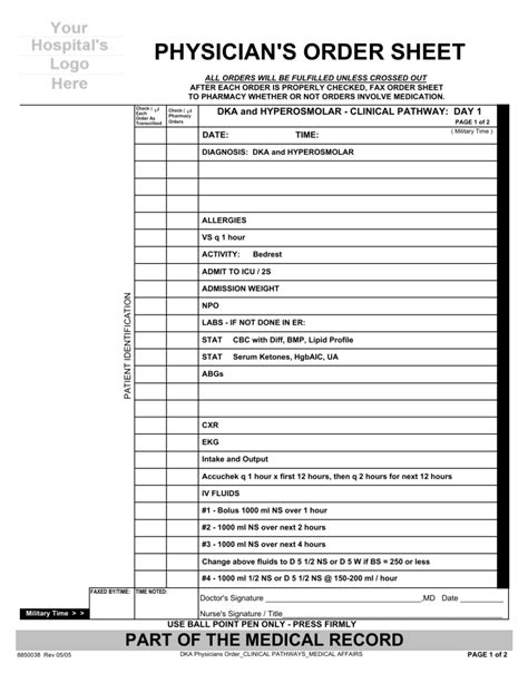 Dka And Hyperosmolar Physician Order Sheet Day 1