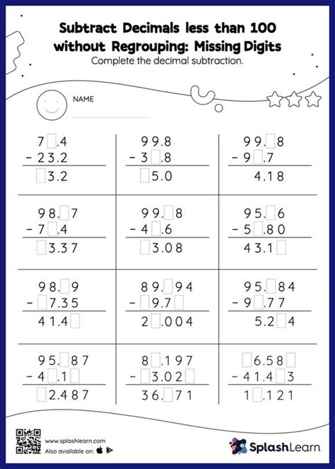 subtract decimals less than 100 without regrouping missing digits