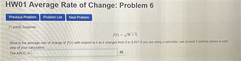 Solved HW Average Rate Of Change Problem Point Chegg Com