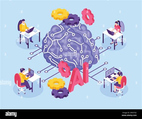 Isometric Neural Network Programmer Composition With Isolated Icons Of Gear Brain And Human