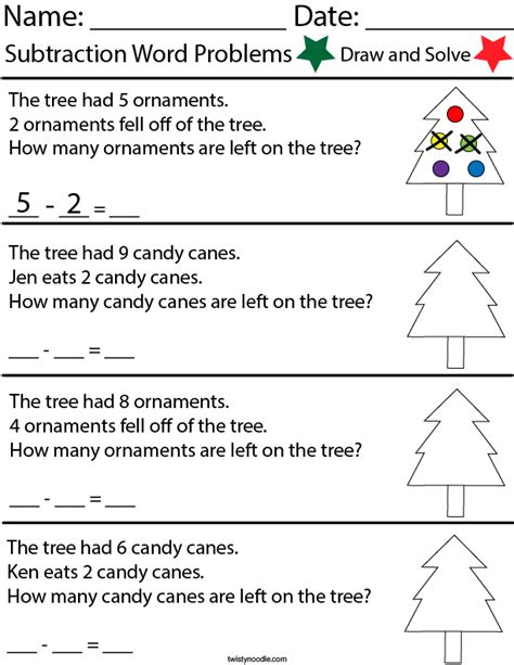 Christmas Subtraction Word Problems Math Worksheet Twisty Noodle