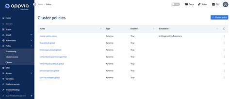 view all cluster policies appvia wayfinder