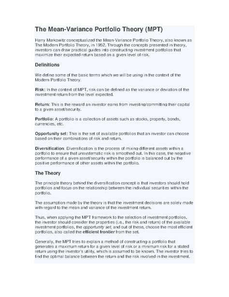 Mean Variance And Portfolio Theory Markowitz Model The Mean Variance Portfolio Theory Mpt