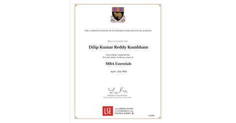 graduated with lse mba essentials dilip kumar reddy kumbham posted