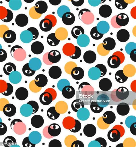 Mcm 미드 모드 바우 하우스 추상 원 다채로운 지리적 모양 완벽 한 패턴 벡터 일러스트 레이 션 반복 디자인 인쇄 고풍스런에