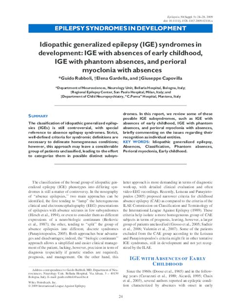 Pdf Idiopathic Generalized Epilepsy Ige Syndromes In Development