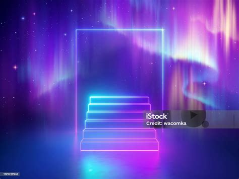 3d 추상 네온 배경 꿈은 은유 직사각형 포털 및 단계 뒤에 오로라 Borealis 자외선 스펙트럼 빛나는 핑크 블루 라이트 밤