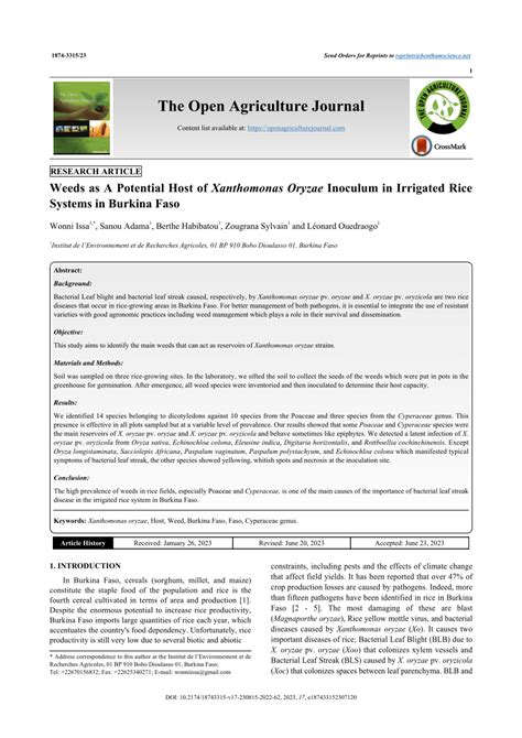Pdf Weeds As A Potential Host Of Xanthomonas Oryzae Inoculum In