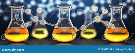 Four Laboratory Glass Flasks With Yellow Liquid Molecule And Chemical Structure Background