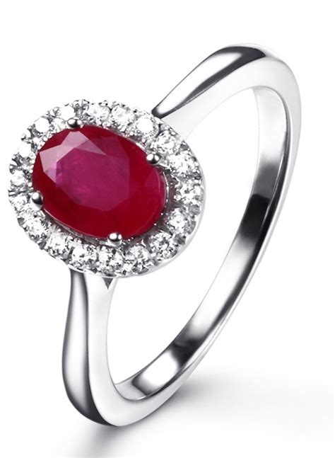 Classic 1 Carat Ruby And Diamond Halo Engagement Ring In White Gold For Women Jeenjewels