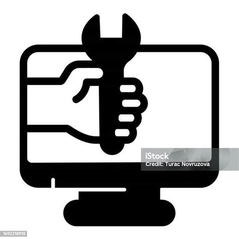 모니터와 손은 렌치 솔리드 아이콘 Pcrepair 개념 흰색 배경에 모니터 렌치 벡터 기호 렌치 글리프 스타일의 모바일 개념 웹 디자인이 있는 손입니다 벡터 그래픽 0명에
