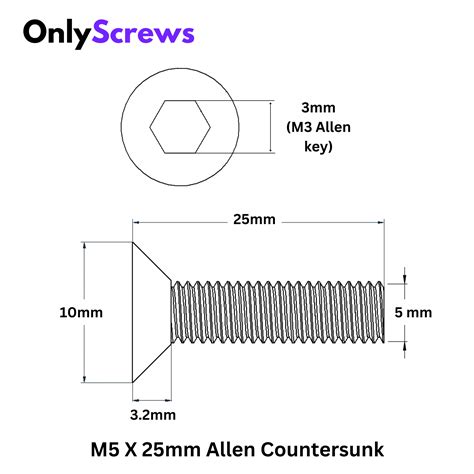 M5 X 25mm Hex Allen Csk Ss 304 Screw Dia 5mm Length 25mm Onlyscrews