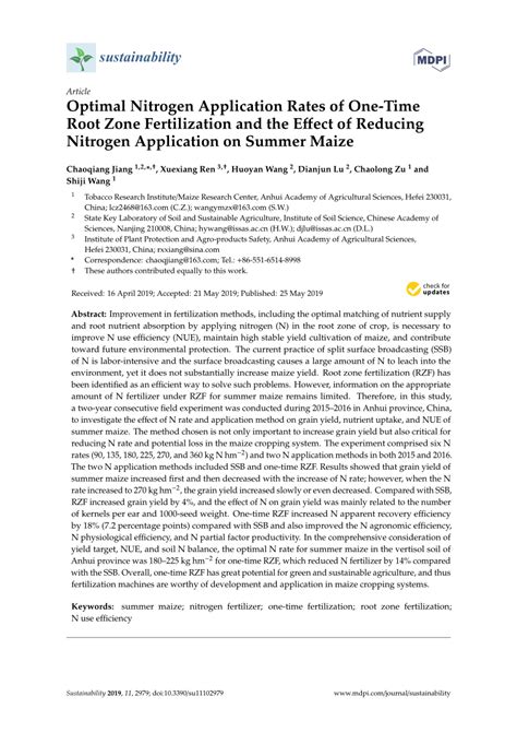 Pdf Optimal Nitrogen Application Rates Of One Time Root Zone