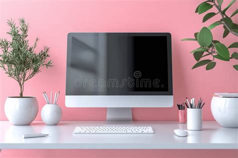 Modern Minimalist Workspace With A Computer Keyboard Mouse Plants