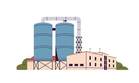 탱크 벙커가 있는 공장 수조가 있는 공장 설탕 제조 유제품 제조소 복합 사료 생산 중공업 화학 식품 산업 건물 흰색에 평평한 고립 된 벡터 그림 0명에 대한 스톡 벡터 아트