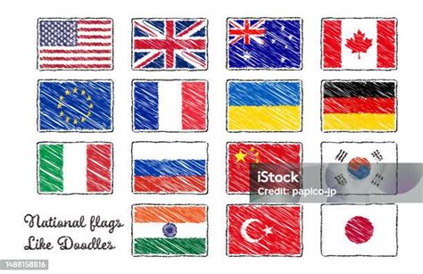 손으로 그린 터치가 있는 국기의 삽화 세트 아이들이 낙서하는 것처럼 국기에 대한 스톡 벡터 아트 및 기타 이미지 국기 그리기 드로잉 Istock