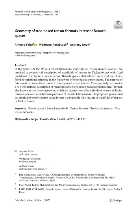 PDF Geometry Of Tree Based Tensor Formats In Tensor Banach Spaces
