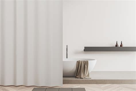 욕조와 액세서리 랙 및 빈 커튼이있는 가벼운 욕실 인테리어 0명에 대한 스톡 사진 및 기타 이미지 0명 3차원 형태 가구 Istock