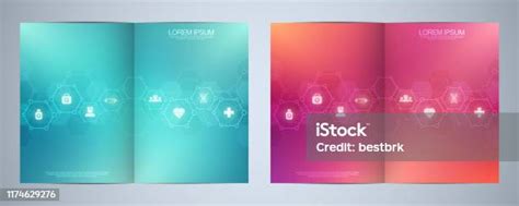 템플릿 브로셔 또는 표지 책 페이지 레이아웃 전단지 디자인 건강 관리 사업 혁신 의학 약국 기술에 대한 개념과 아이디어 평면 아이콘과 기호와 의료 배경 0명에 대한 스톡