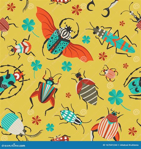 Unusual Bugs And Exotic Beetles Seamless Pattern Stock Vector Illustration Of Orange Dotted